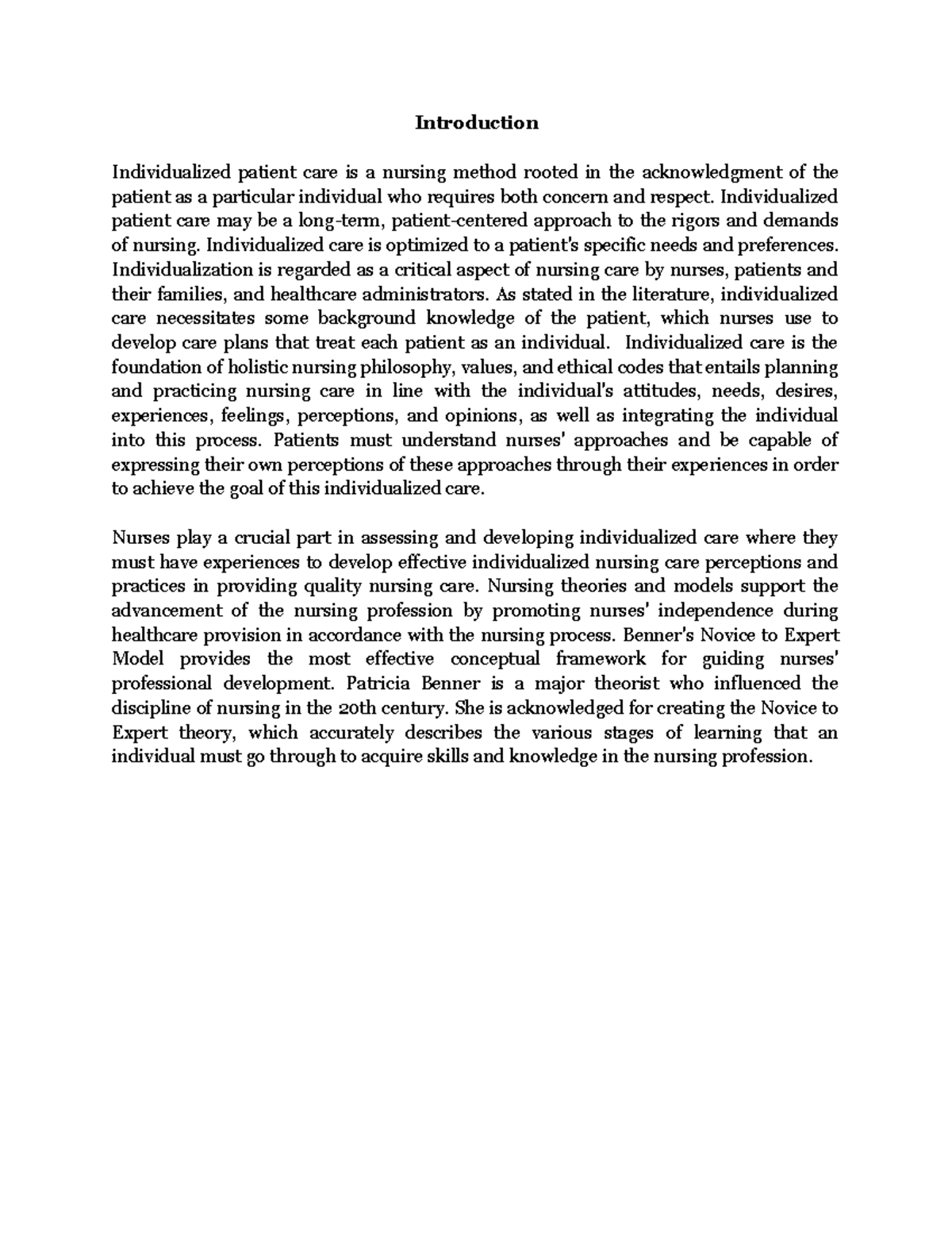 Journal Review - Introduction Individualized patient care is a nursing ...