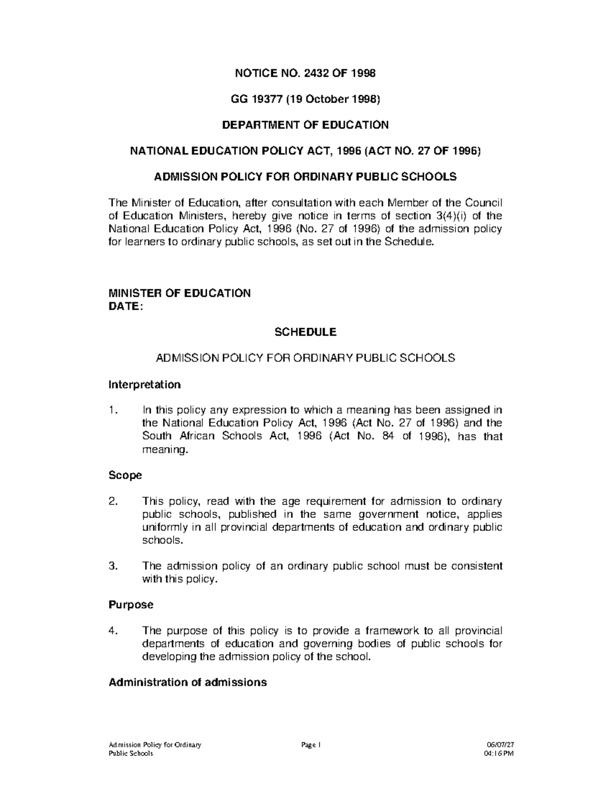 Admission Policy for Ordinary Public Schools - Admission Policy for ...