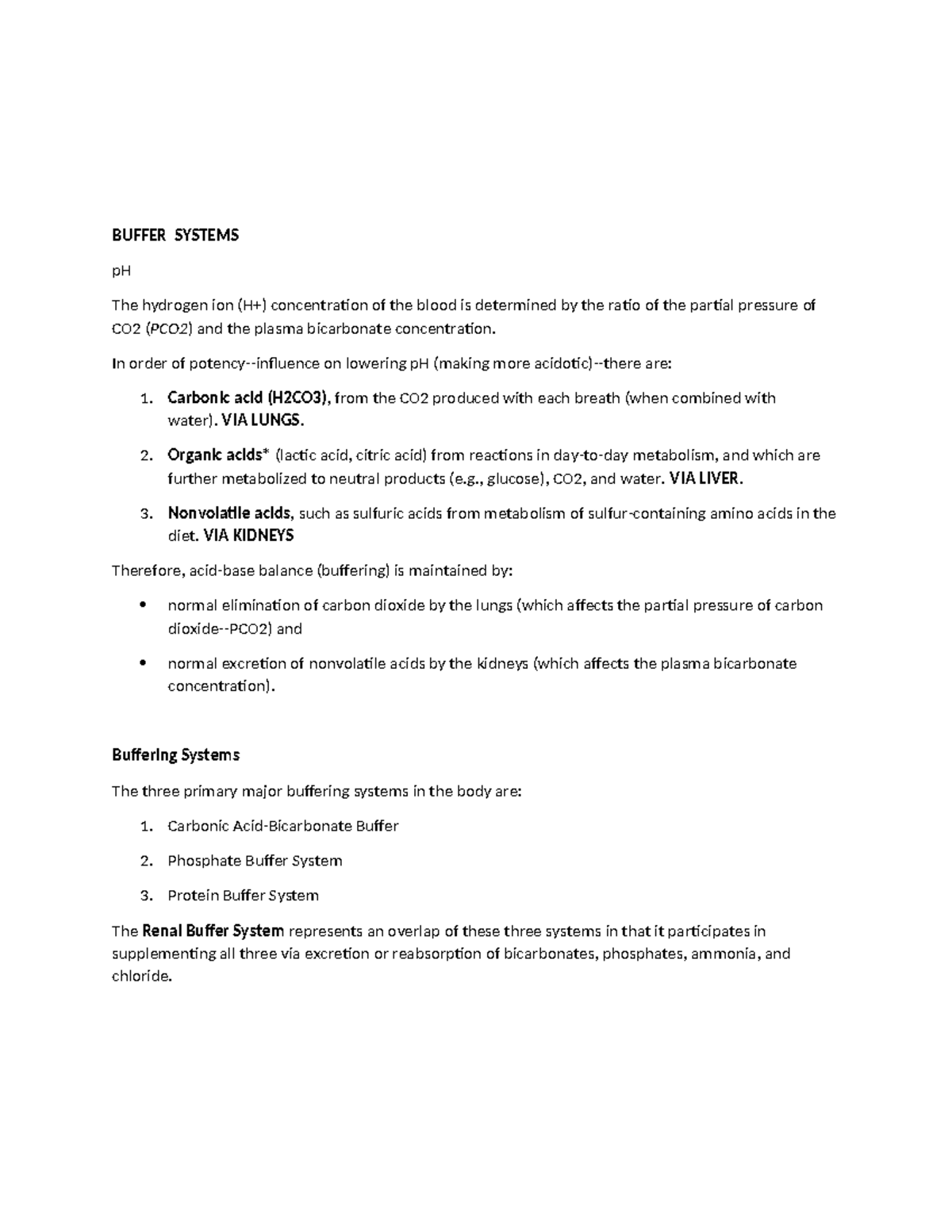 Buffer Systems - BUFFER SYSTEMS pH The hydrogen ion (H+) concentration ...