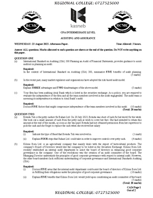 Risk Assessment - lecture notes - Auditng and Assurance Past papers ...