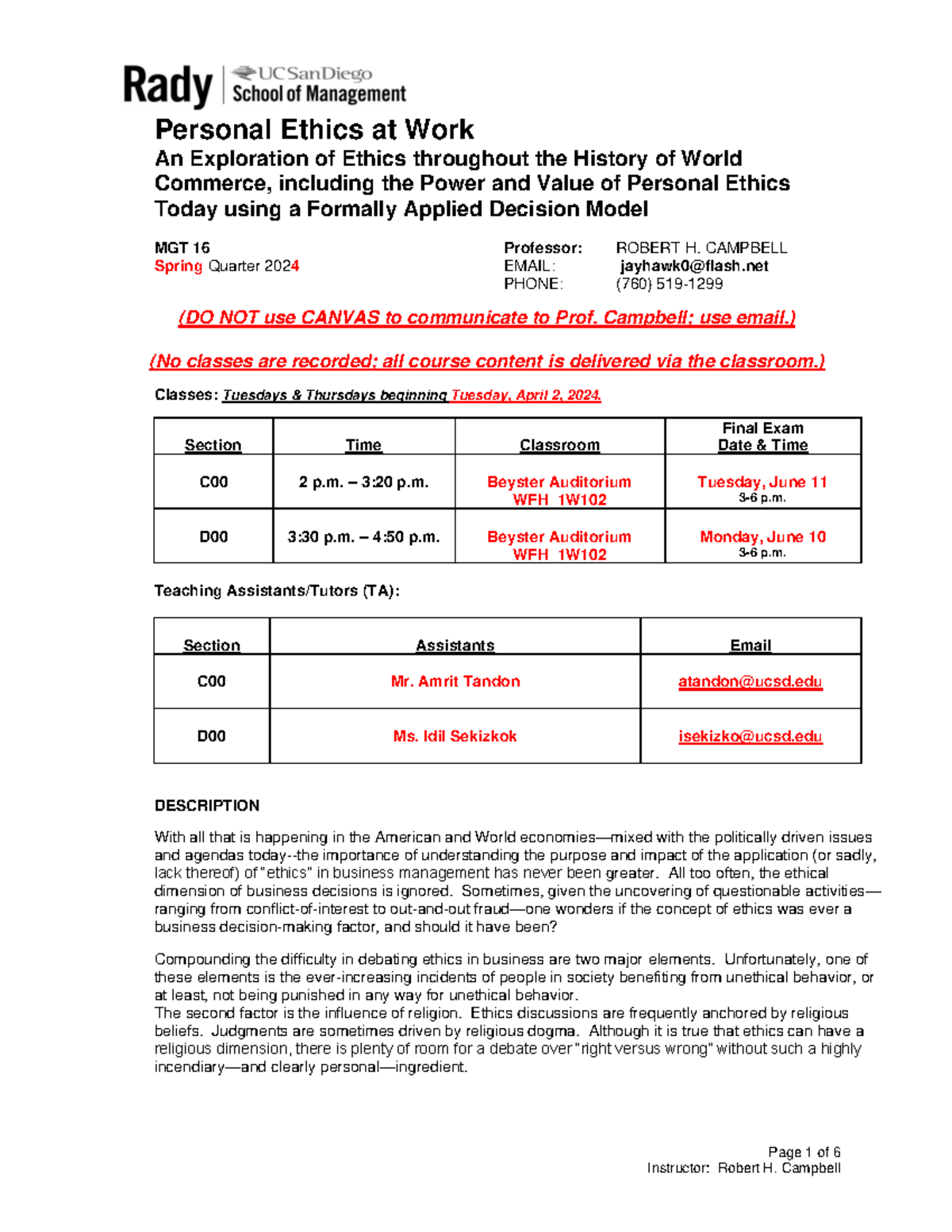 2024 Spring-Ethics-Syllabus-3-26-24-C00 & D00 - Page 1 of 6 Personal Ethics at Work An ...