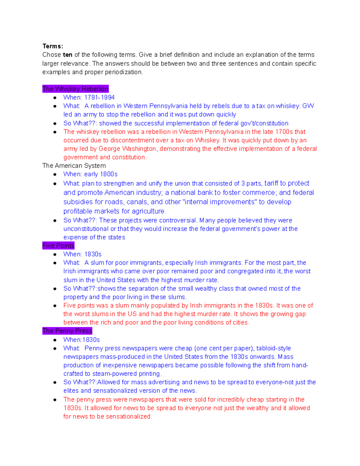 Hist. study guide #2 - Terms: Chose ten of the following terms. Give a ...
