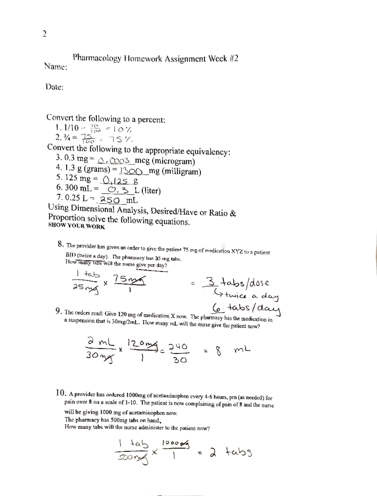 Pharmacology Dosage Calculations with Answers - Name: Date ...