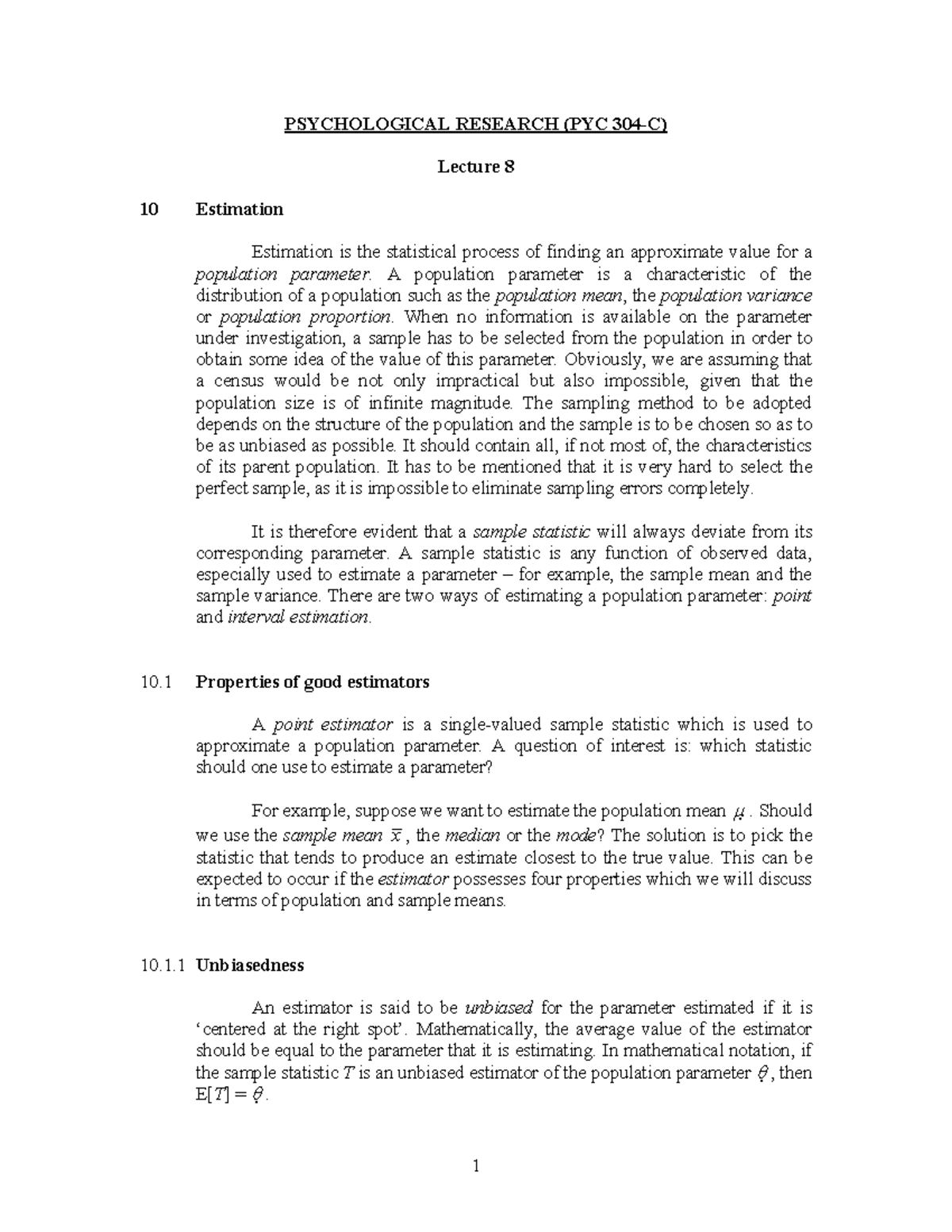 8 Estimation - Notes - PSYCHOLOGICAL RESEARCH (PYC 304-C) Lecture 8 10 ...