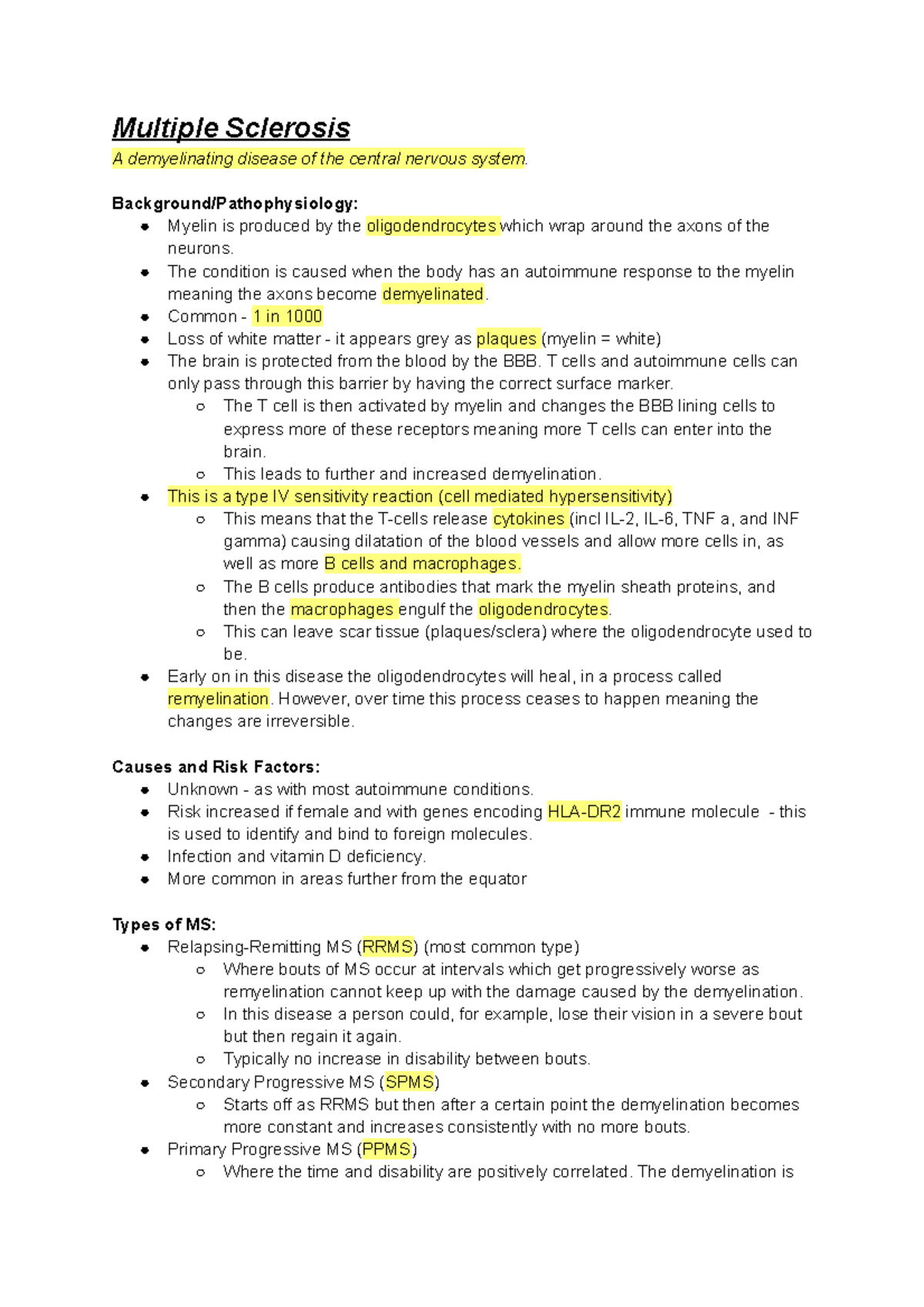 Multiple Sclerosis - Lecture notes Year 2 Med Sci - Multiple Sclerosis ...