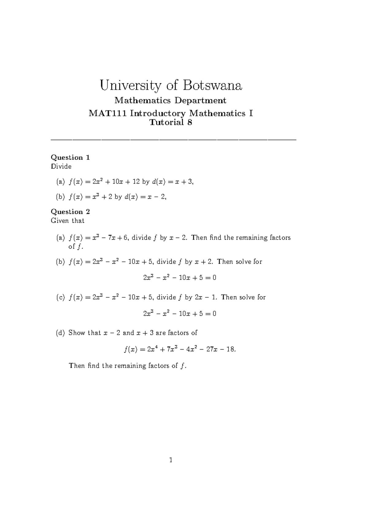 MAT111 Tutorial 8 - Mathematics tuition - University of Botswana ...