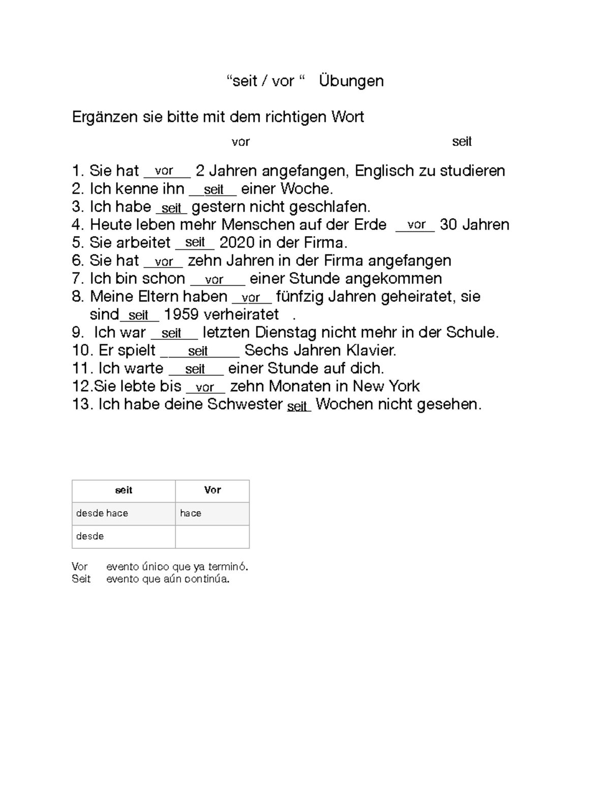 Vor seit - vor seit deutsch work in class from deutsch - “seit / vor ...