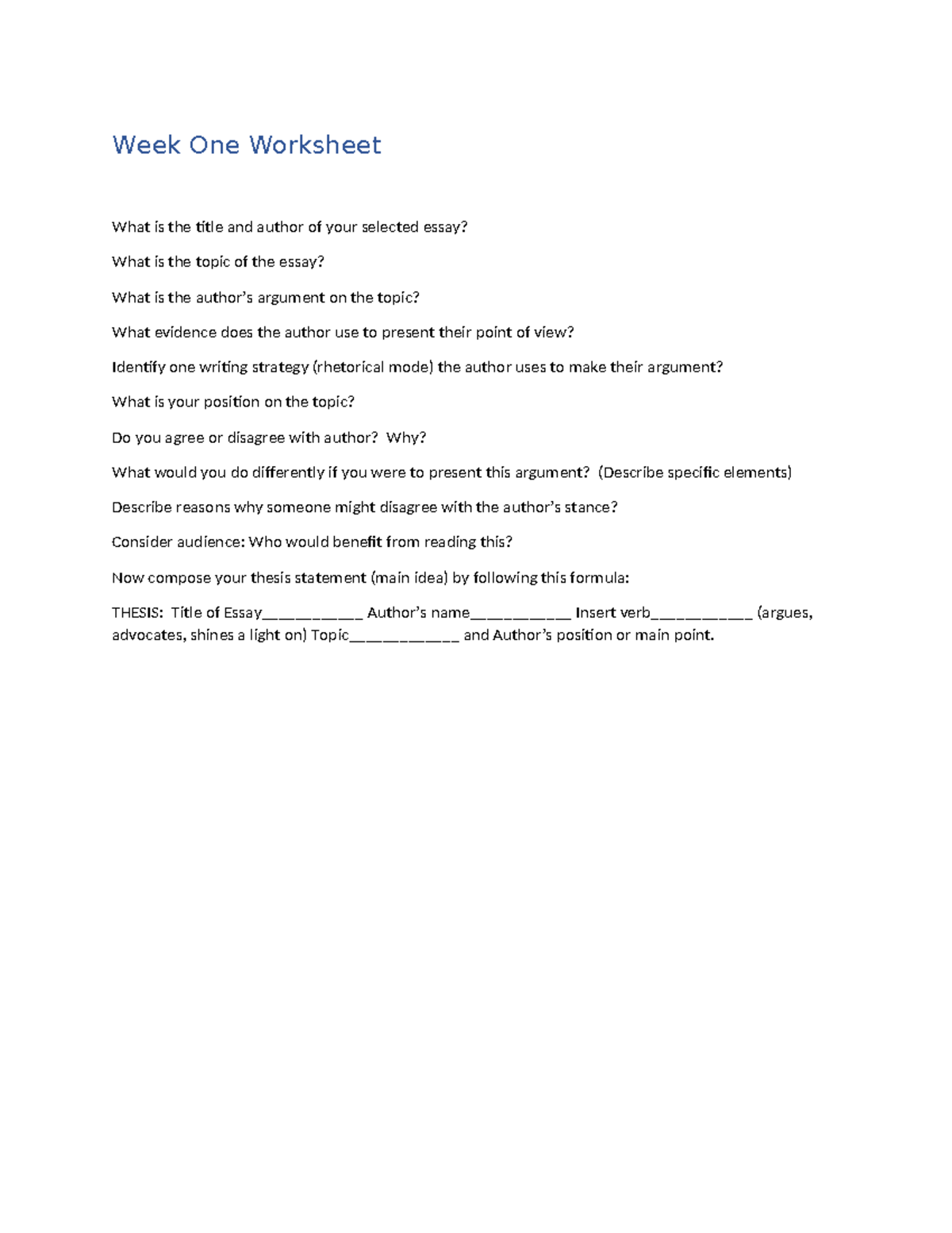Week One Worksheet Proposal - Week One Worksheet What is the title and ...