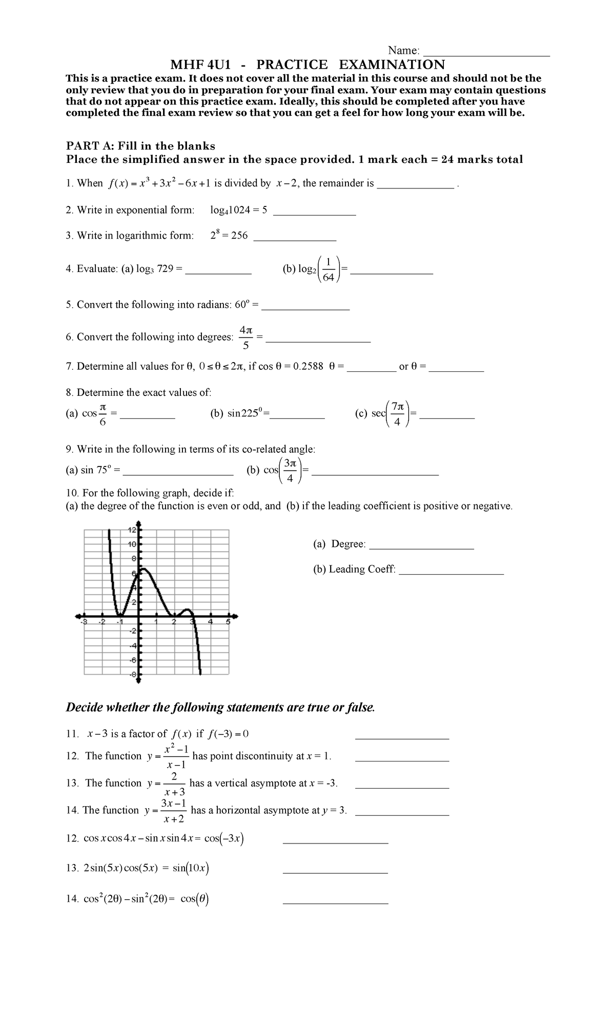 Mhf 4u1 practice exam for this course - Math 265 - AU - Studocu