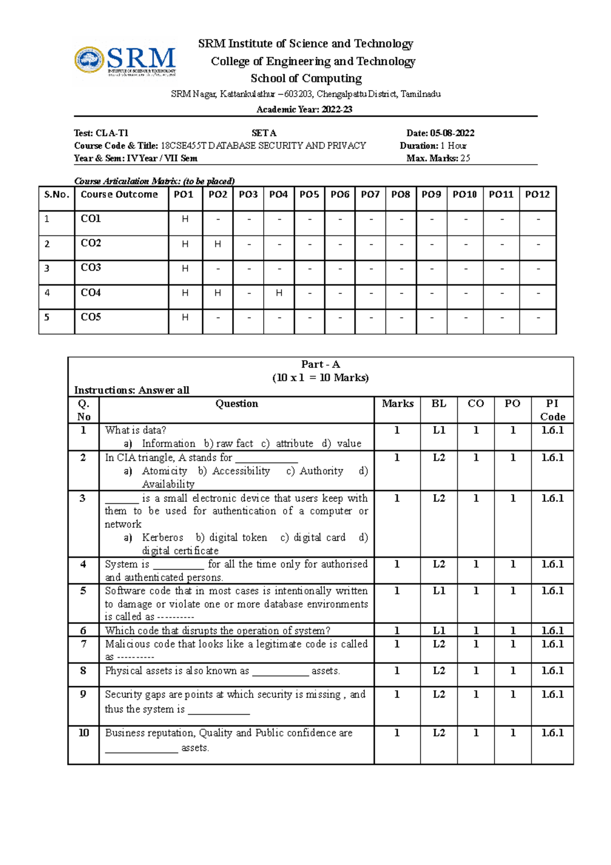 SET A - SET A. - SRM Institute of Science and Technology College of ...
