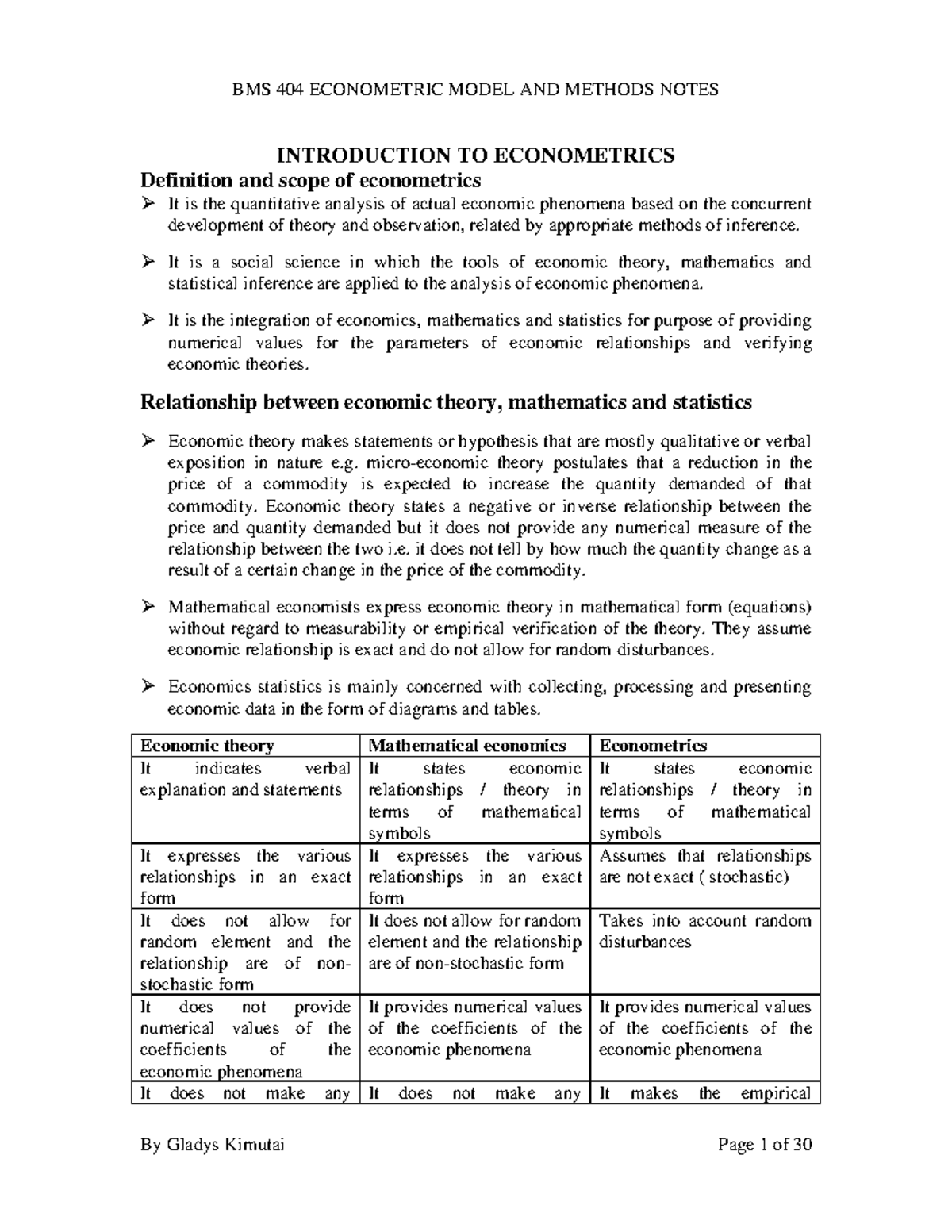 Bms 404 Econometric Models And Methods Notes Introduction To