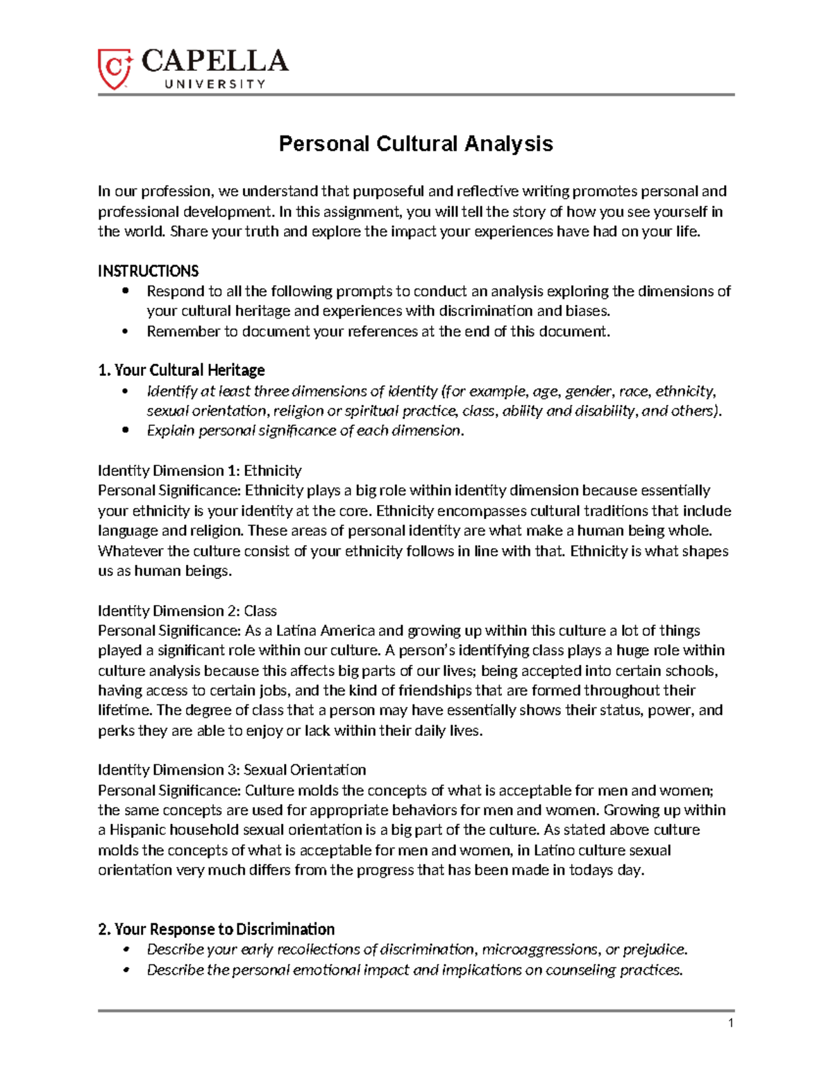 Assignment 1 Cultural Analysis - Personal Cultural Analysis In our ...