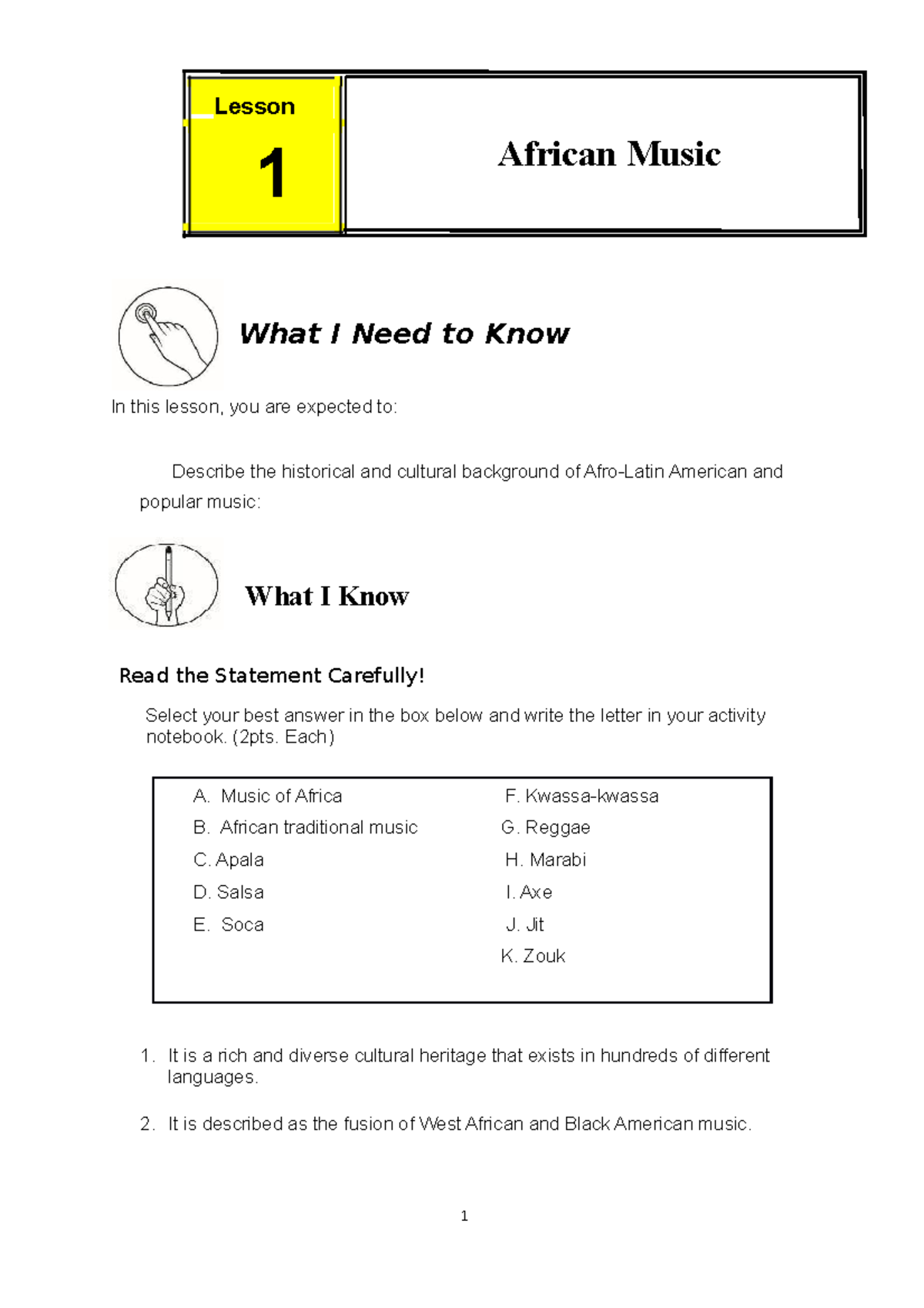 Music-Quarter-2-2 - handouts - Lesson 1 African Music What I Need to ...