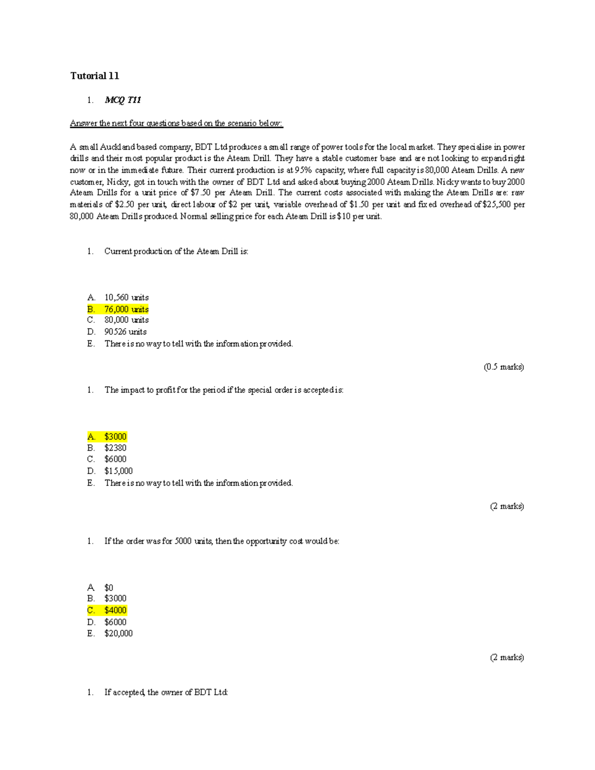 Tutorial 11 accounting for class BSNS115 - Tutorial 11 1. MCQ T Answer ...