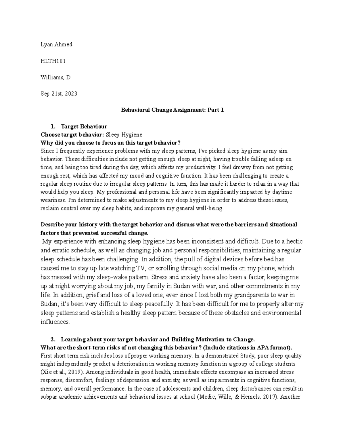 Behaviour Change Assignment Part 1 - Lyan Ahmed HLTH Williams, D Sep 21st, 2023 Behavioral ...