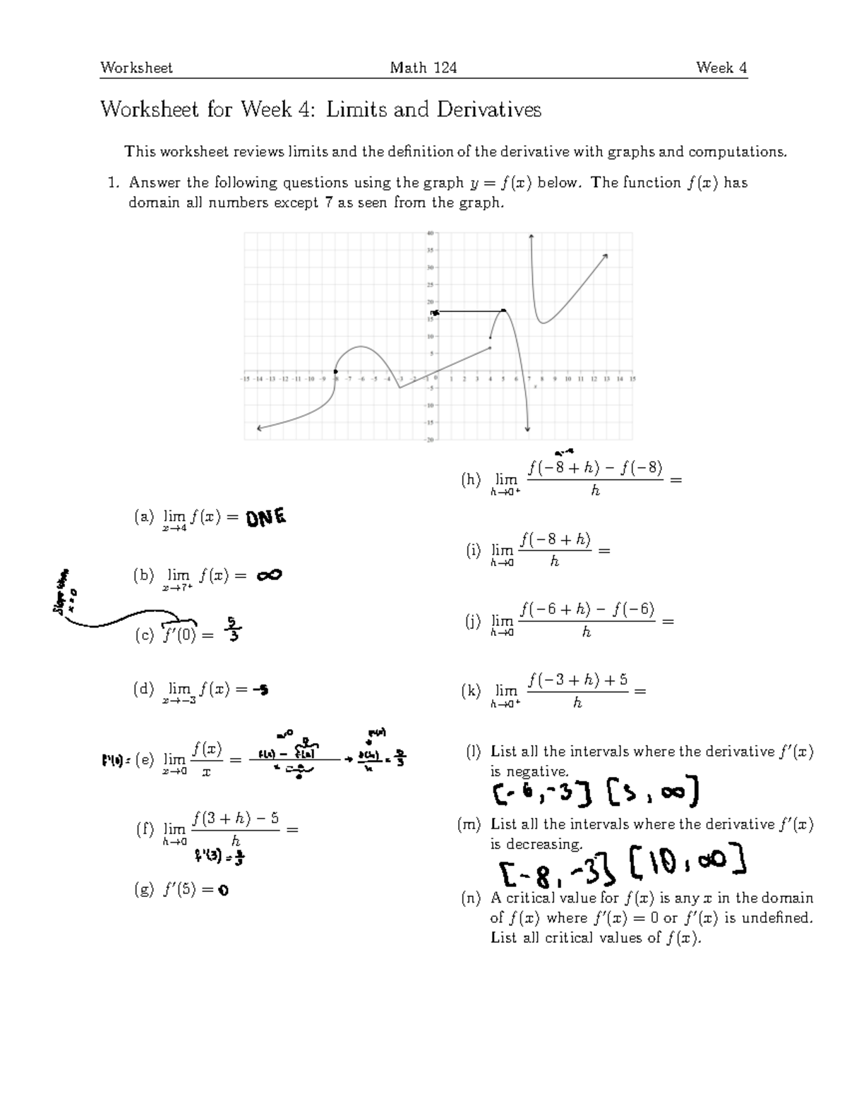 124ws4 - Worksheet week 4 - Worksheet for Week 4: Limits and ...