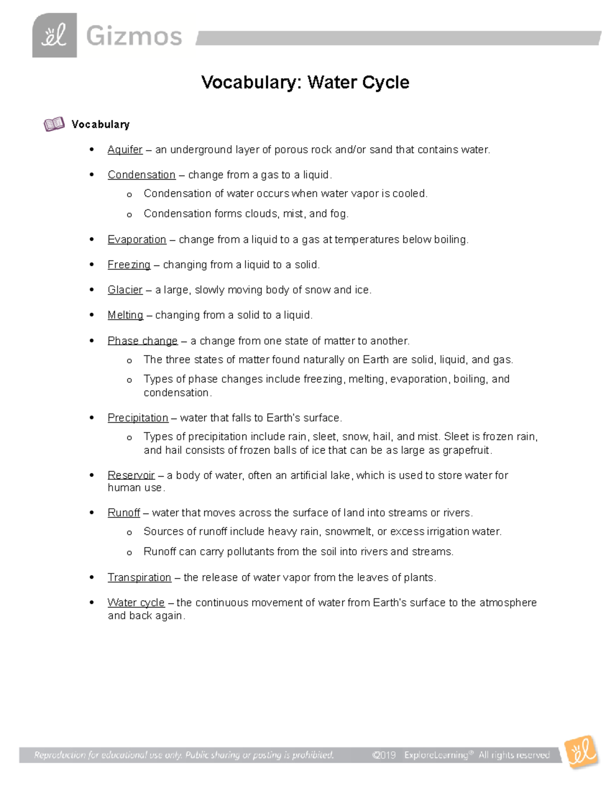 Water Cycle SE 1 - Vocabulary: Water Cycle Vocabulary Aquifer – an ...
