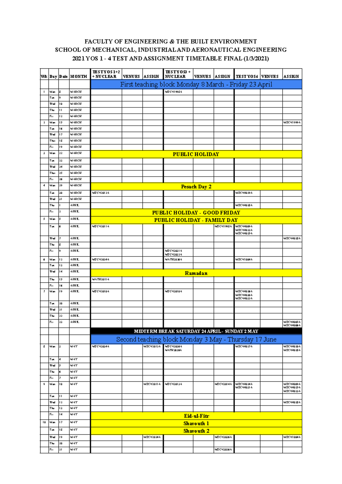 MIA Test Assignment timetable 2021 - FACULTY OF ENGINEERING & THE BUILT ...