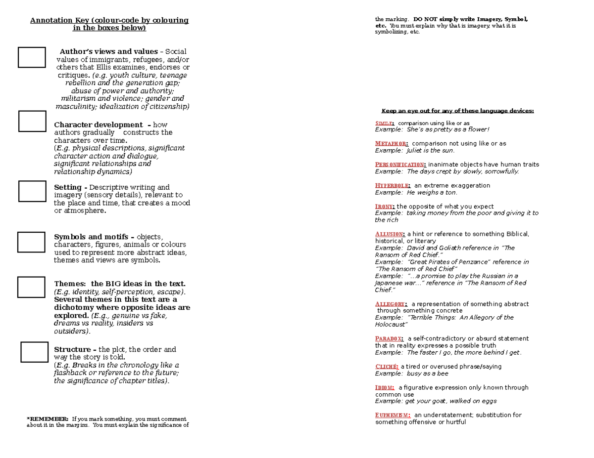 Annotation Guide - Annotation Key (colour-code by colouring in the ...