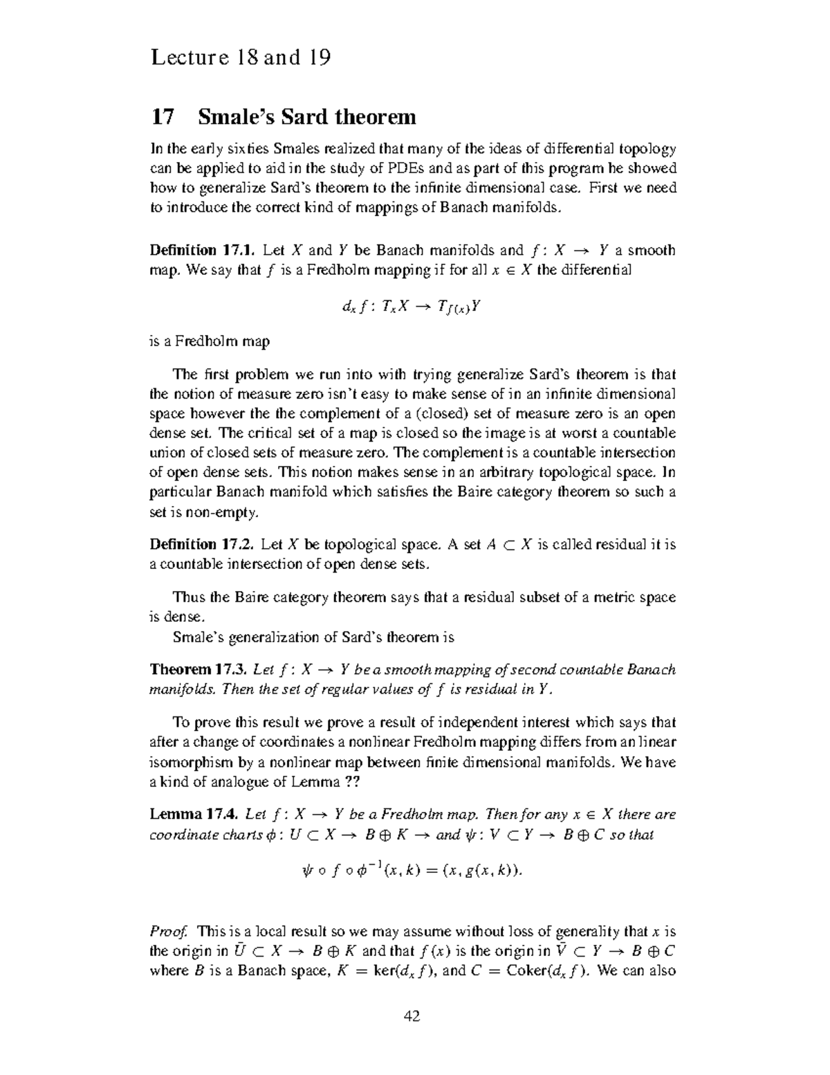 Lecture 18 19 Smale's Sard Theorem - Lectur e 18 and 19 17 Smale’s Sard ...