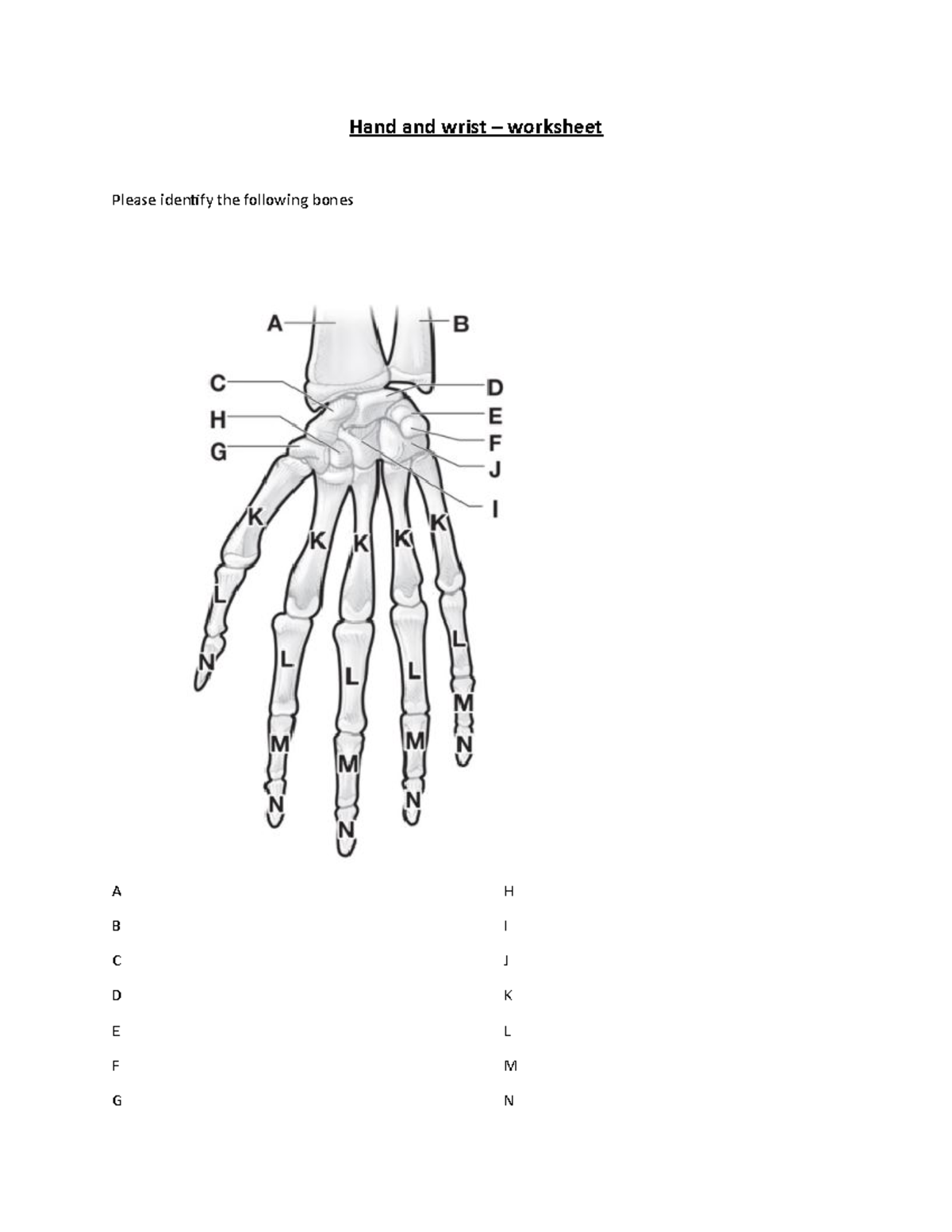 Hand and wrist - worksheet - Hand and wrist – worksheet Please identify ...