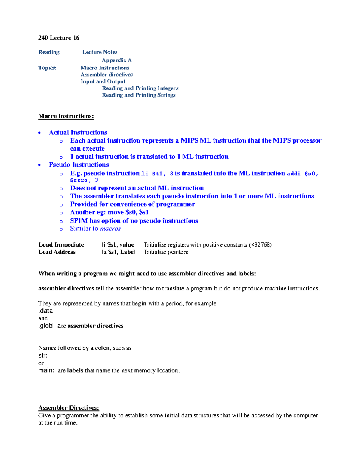240Lec16 - Lecture notes - 240 Lecture 16 Reading: Lecture Notes ...