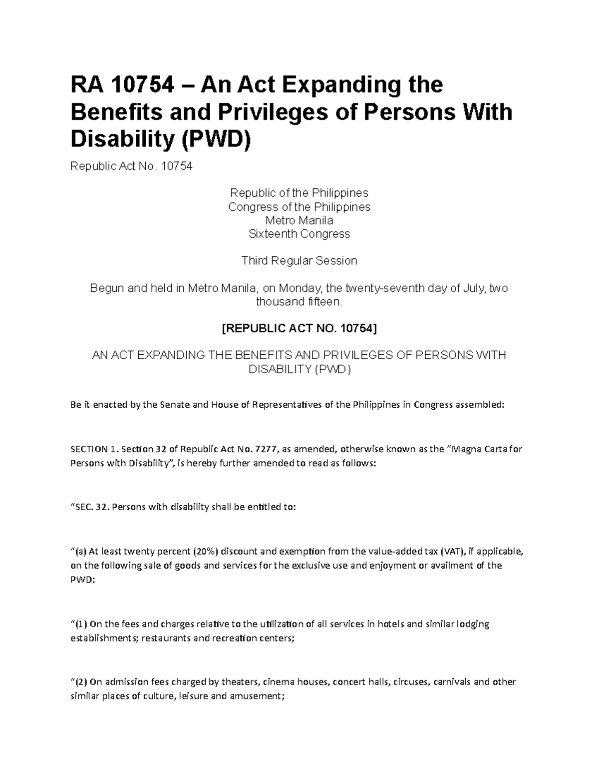 ( Income Taxation) RA 10754 - RA 10754 – An Act Expanding the Benefits ...