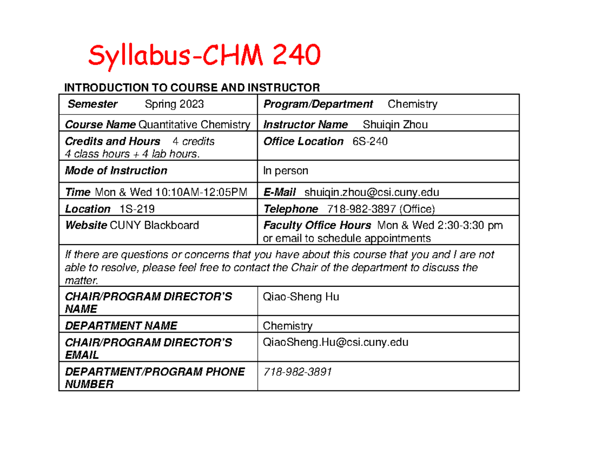 Ch1ch4 Spring 2023-new - SyllabusSyllabus-CHM 240CHM 240 INTRODUCTION ...