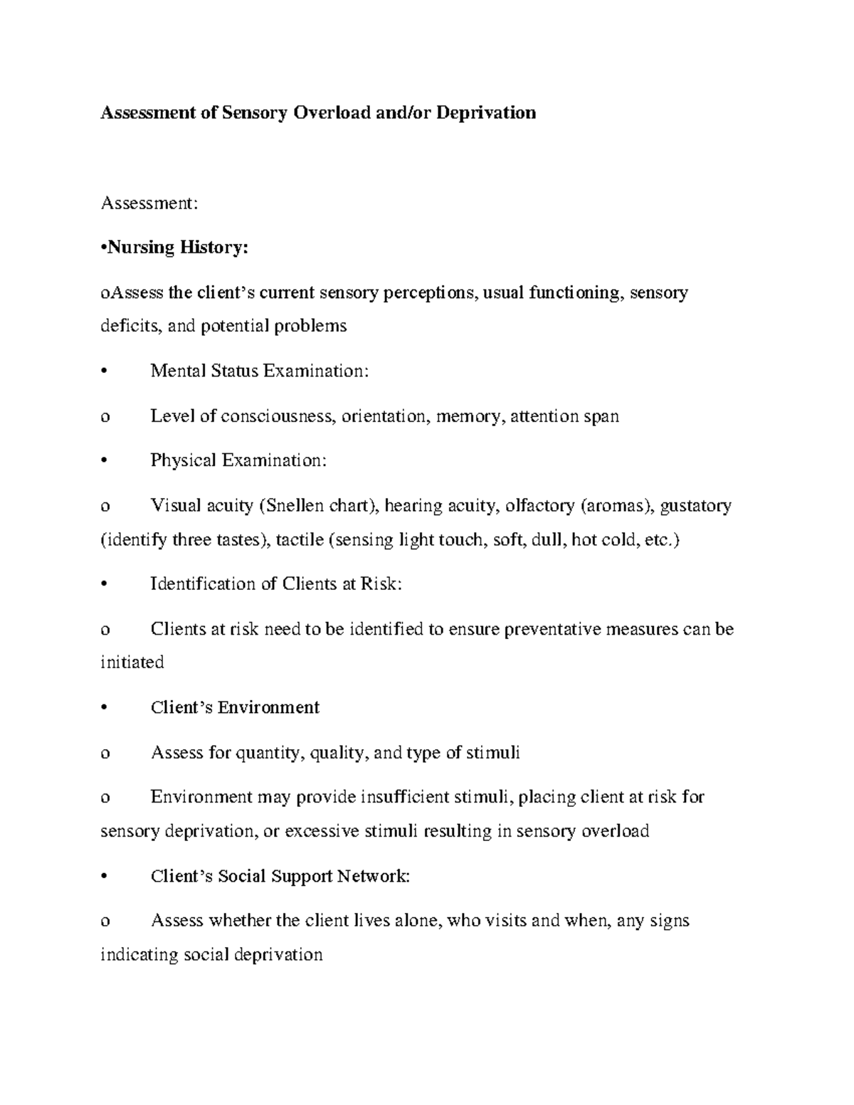 Assessment of Sensory Overload and or Deprivation - Assessment of ...