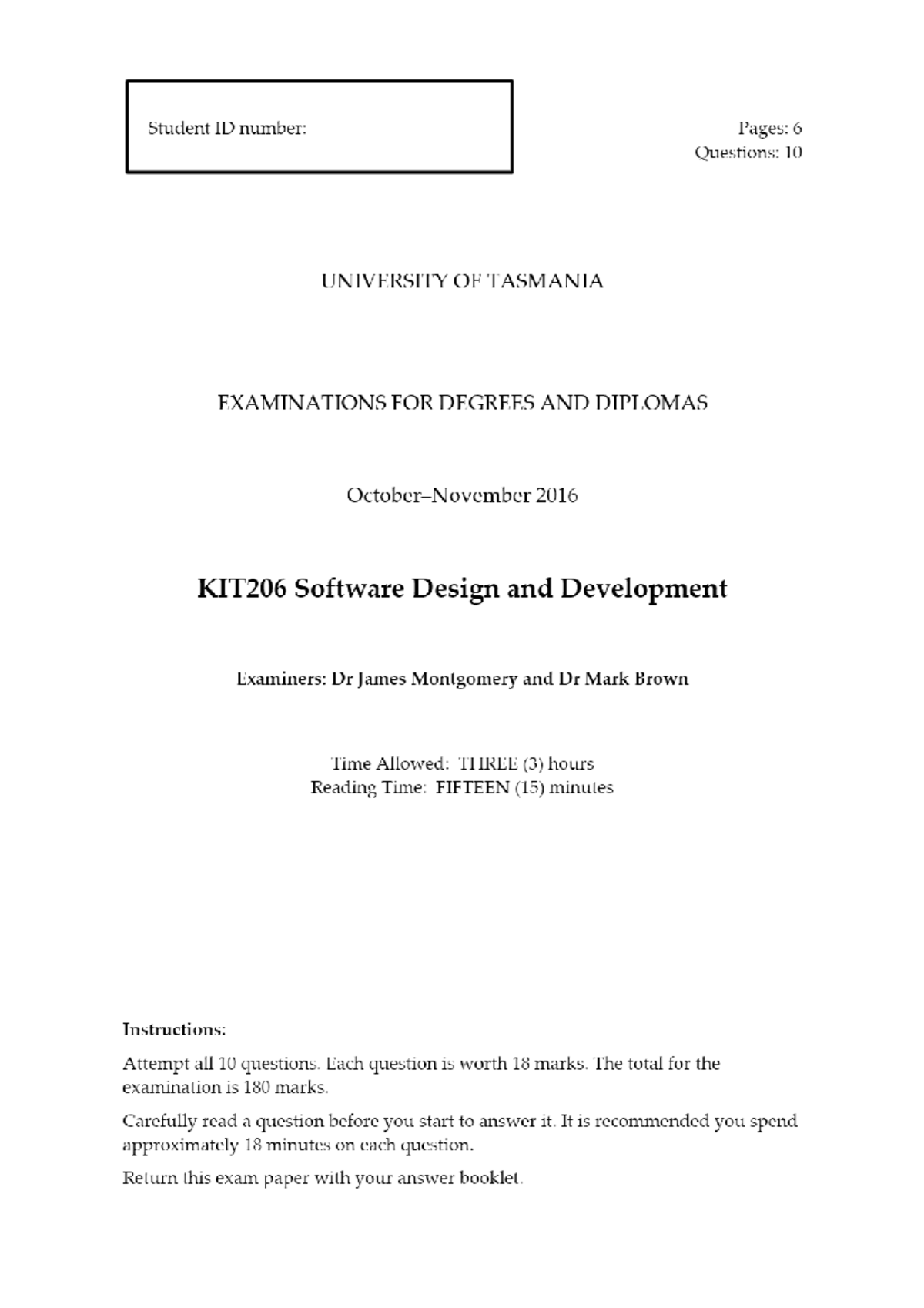 2016 Kit206 Exam Paper Kit206 Kit506 Software Design And Development And Software Application