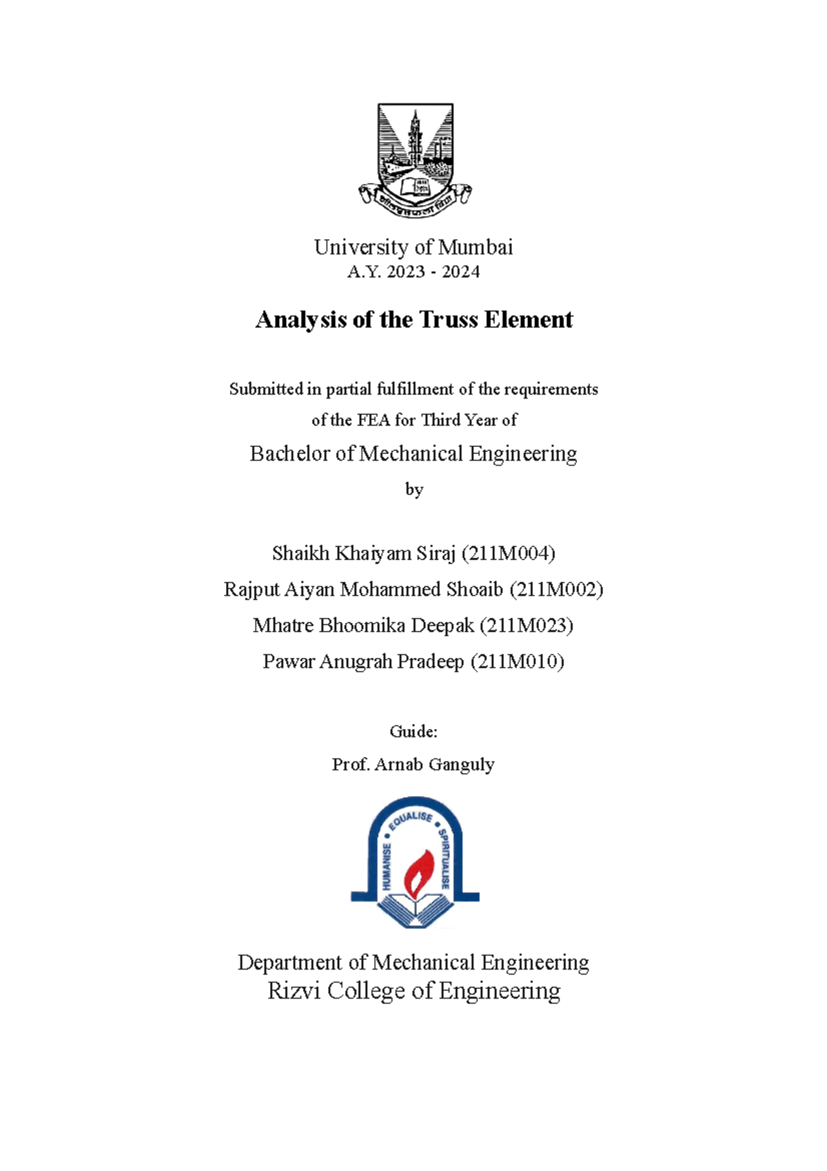 FEA report - jch;wivn.eiovjklvji8o iuj - University of Mumbai A. 2023 ...