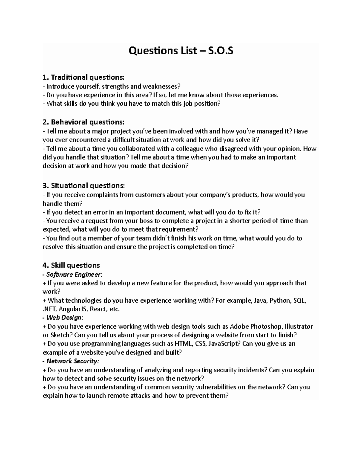 Questions List S - Questions List – S.O 1. Traditional questions ...