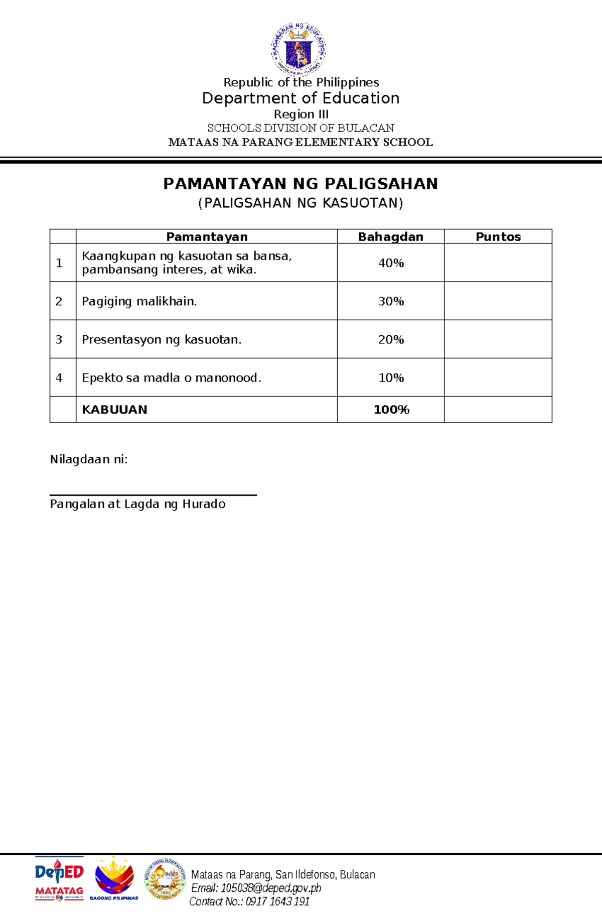 Pamantayan sa Paligsahan - Department of Education Region III SCHOOLS ...