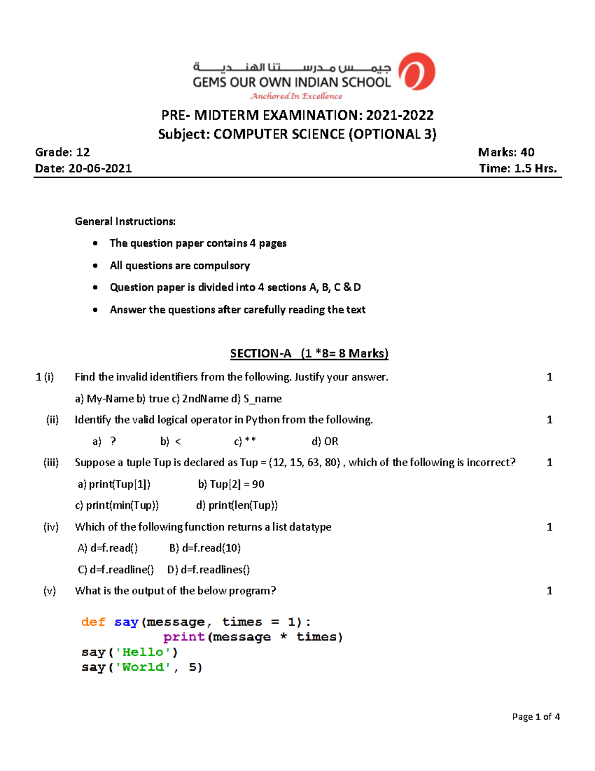 GR 12 C.Sc PMT- 2021 40 marks 20June2021 - PRE- MIDTERM EXAMINATION ...