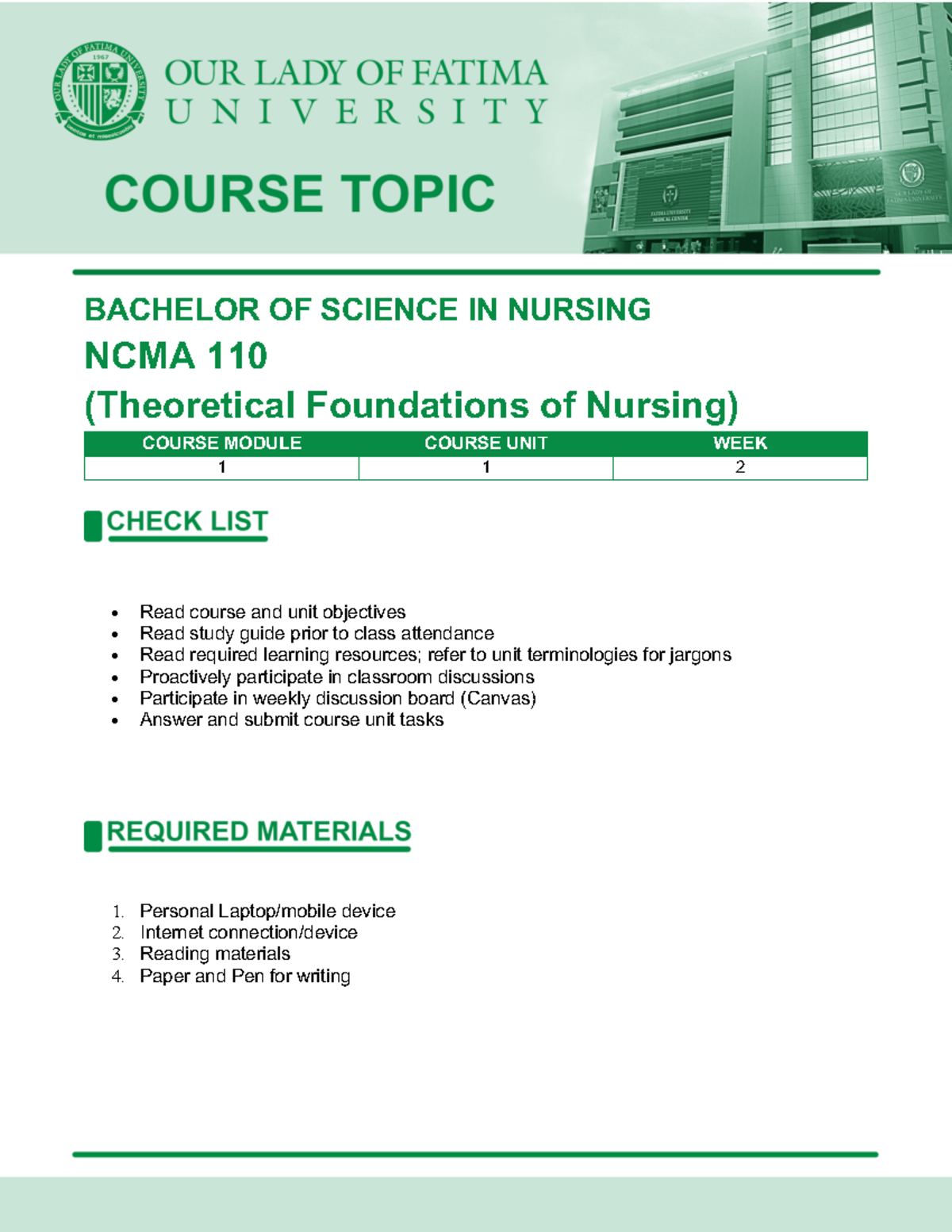Week 1-1 - dine - BACHELOR OF SCIENCE IN NURSING NCMA 110 (Theoretical ...