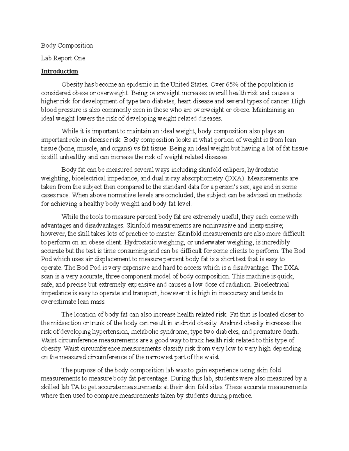 Body Composition Lab Report at Christopher Larochelle blog