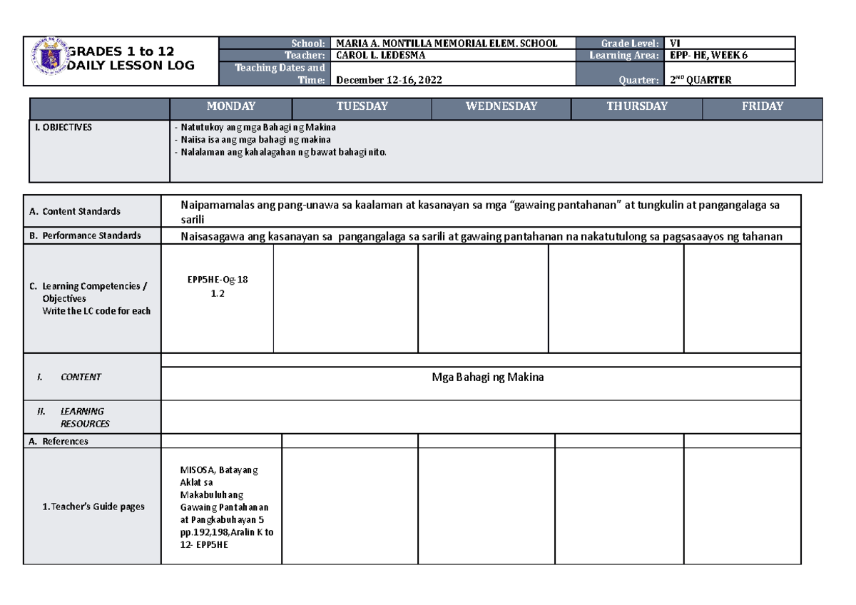 DLL H.E Week 6 - GOODLUCK - GRADES 1 to 12 DAILY LESSON LOG School ...