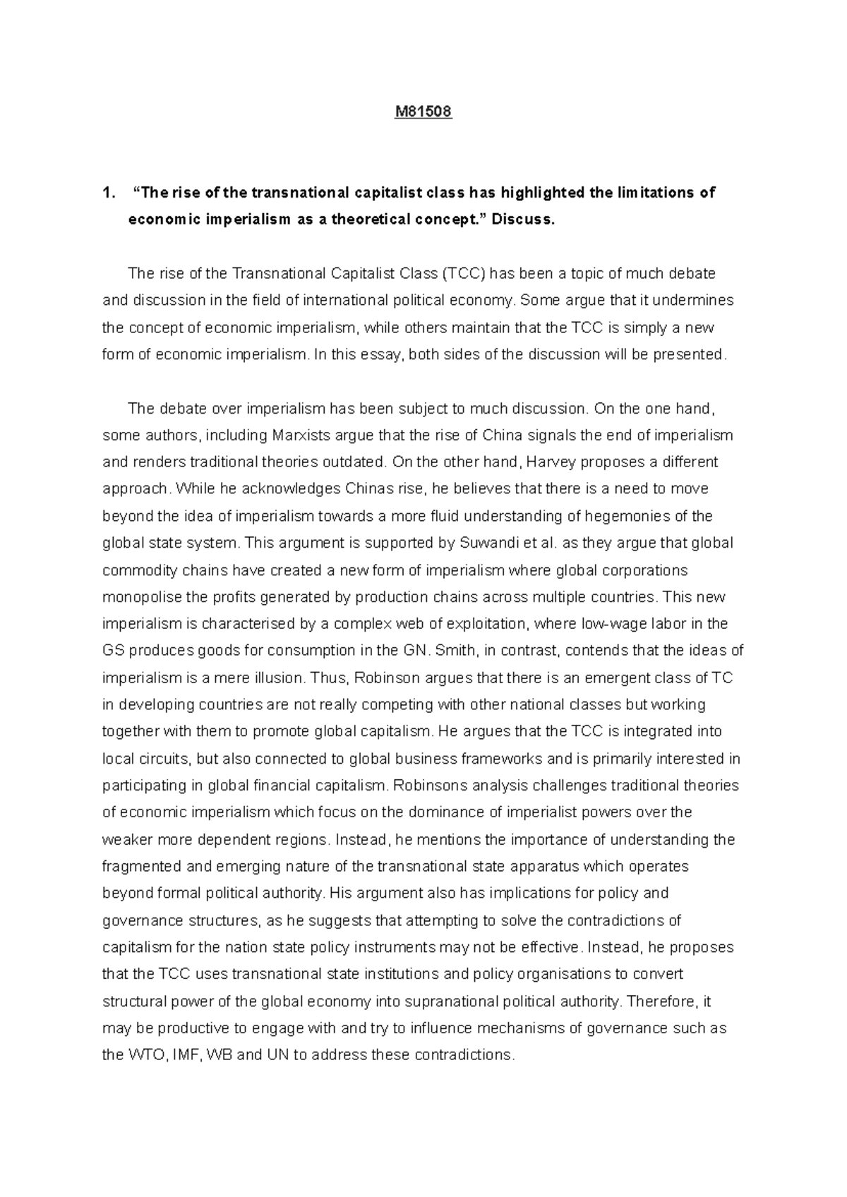 PEI Exam - M “The rise of the transnational capitalist class has ...