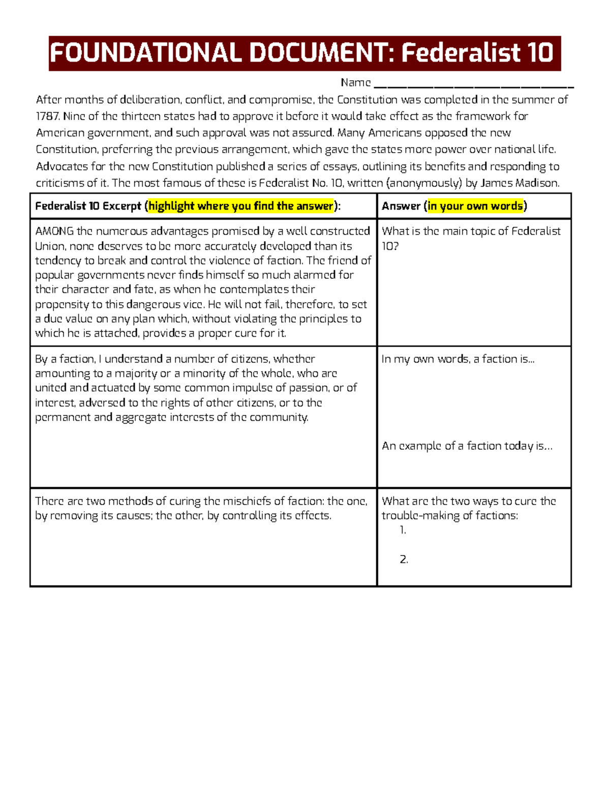 Alivia Wilson - Foundational Document Federalist 10 Analysis ...