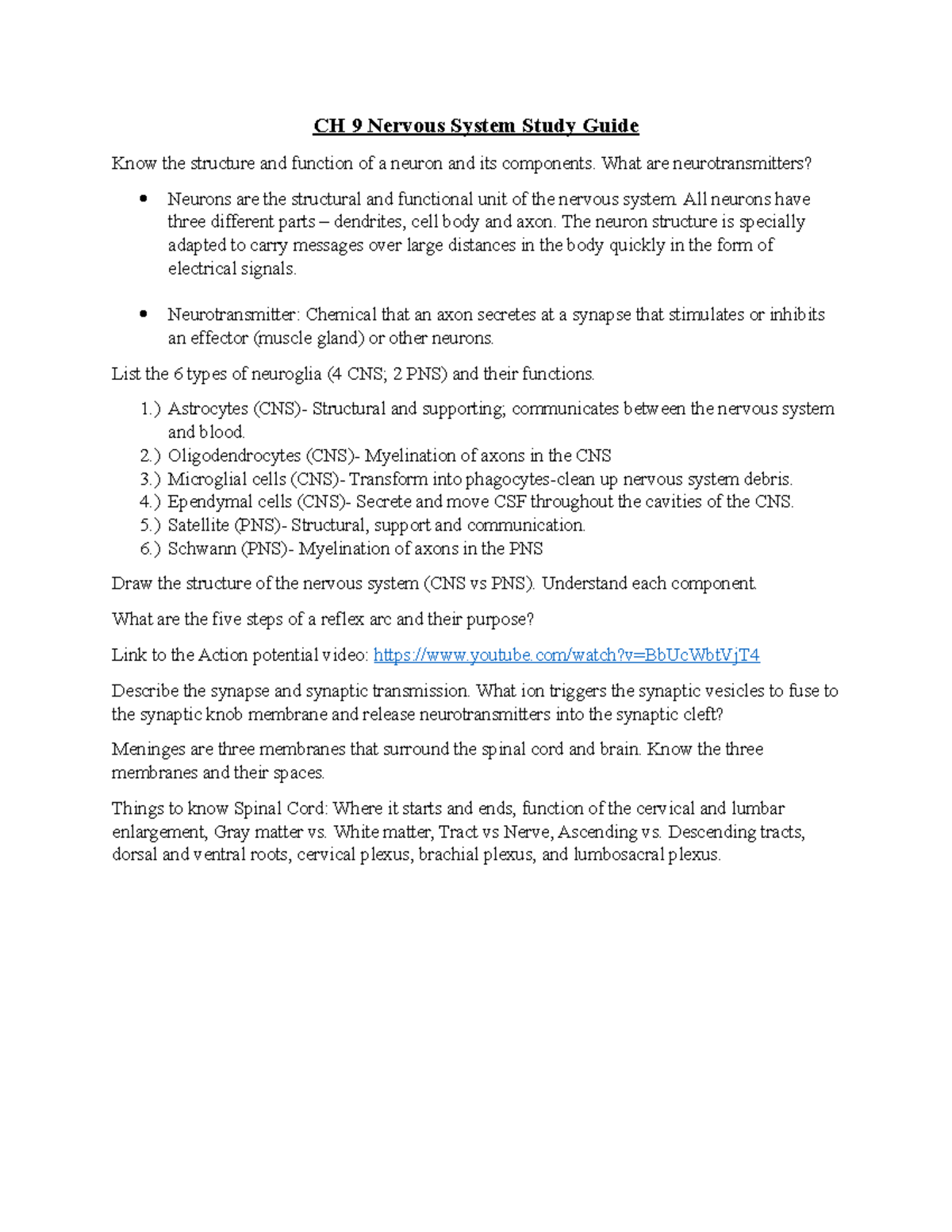 CH 9 Nervous System Study Guide - CH 9 Nervous System Study Guide Know ...