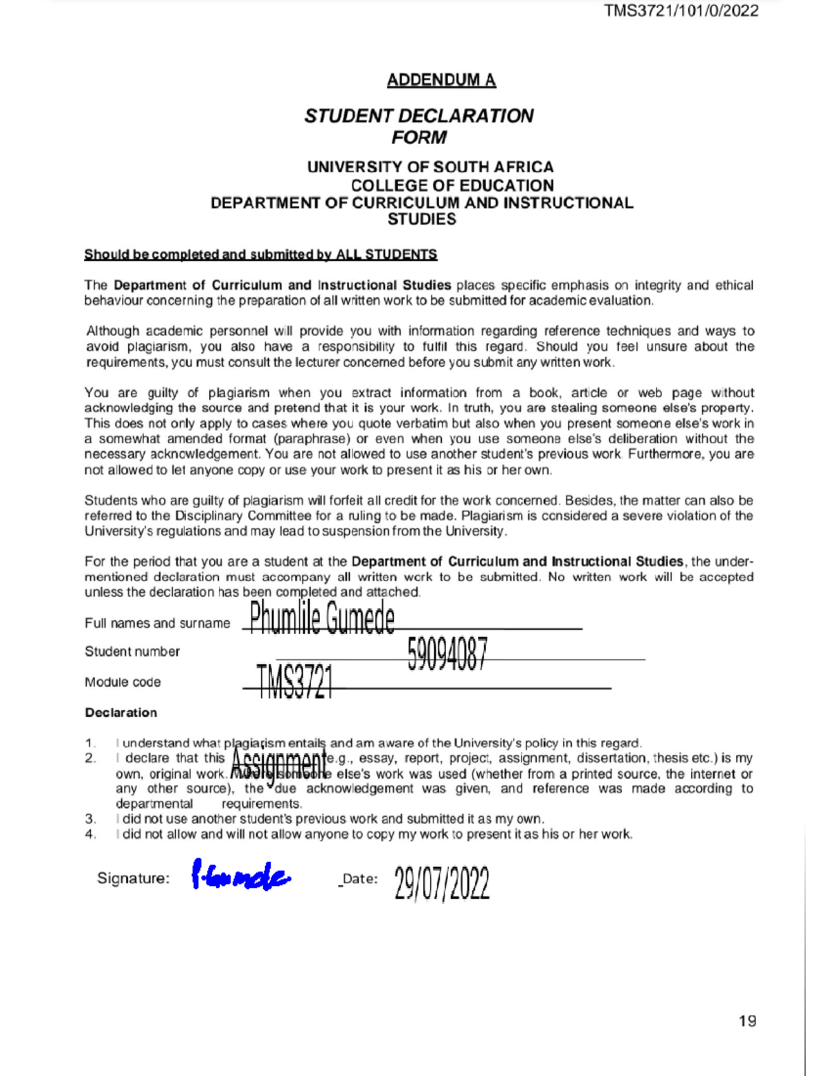 59094087 TMS3721 Assignment 2 - Name and Surname : Phumlile Gumede Student Number : 59094087 ...