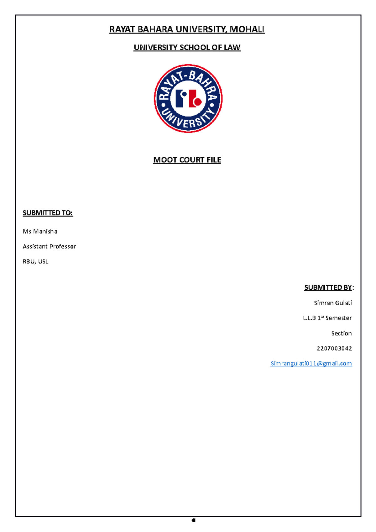 Moot court file - Assignment details - RAYAT BAHARA UNIVERSITY, MOHALI ...