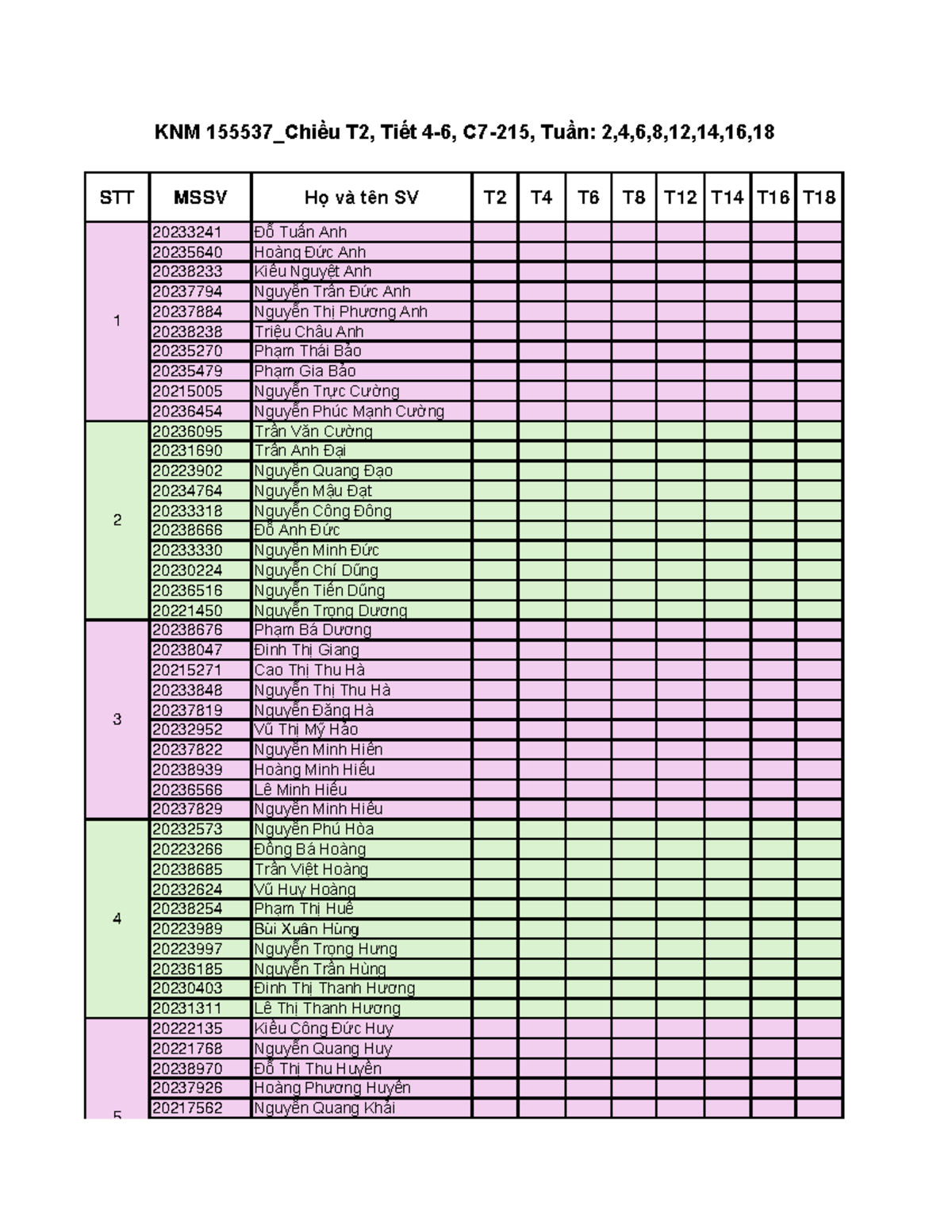 155537-ED3220 - PHAN NHOM - STT MSSV Họ và tên SV T2 T4 T6 T8 T12 T14 T16 T 20233241 Đỗ Tuấn Anh ...