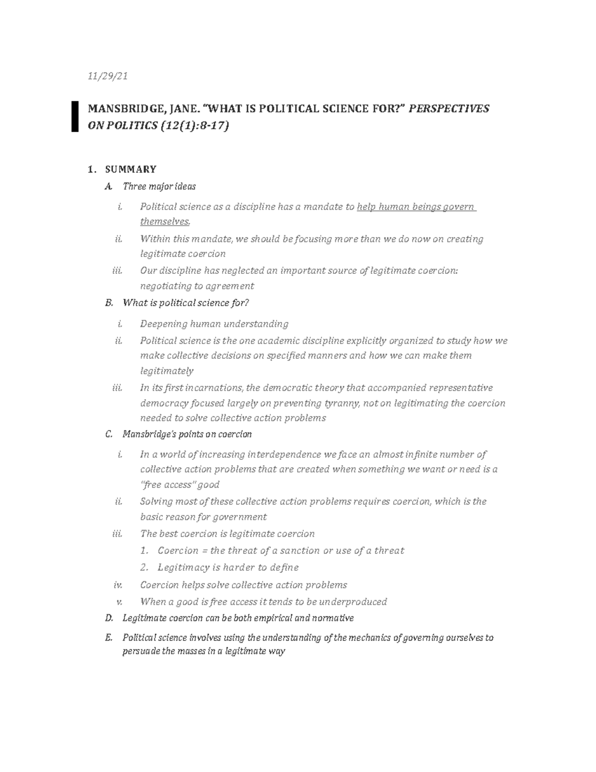 Mansbridge notes - 11/29/ MANSBRIDGE, JANE. “WHAT IS POLITICAL SCIENCE ...