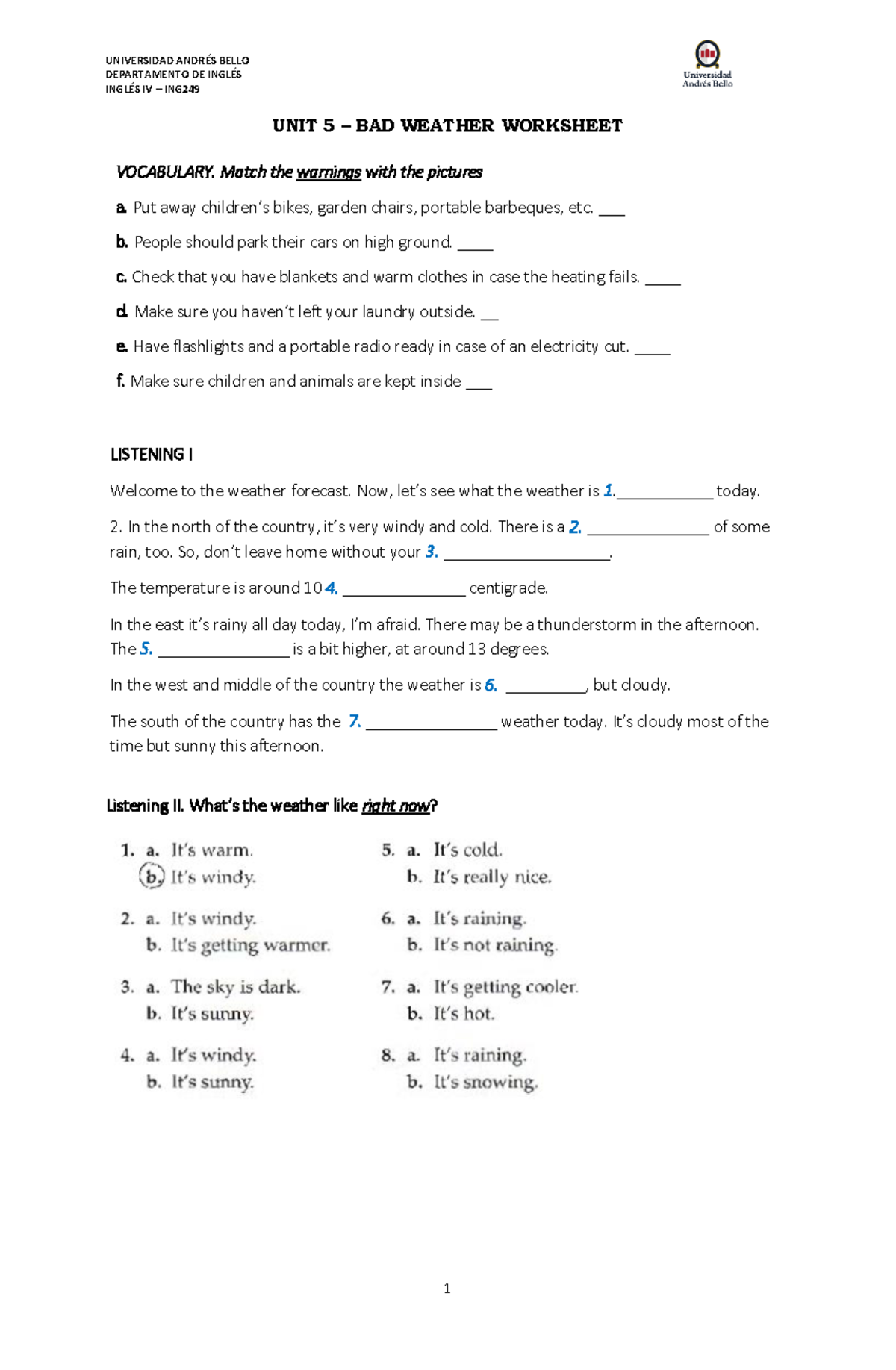 B4 U5 Bad Weather Worksheet 202310 - INGLÉS IV – ING UNIT 5 – BAD ...