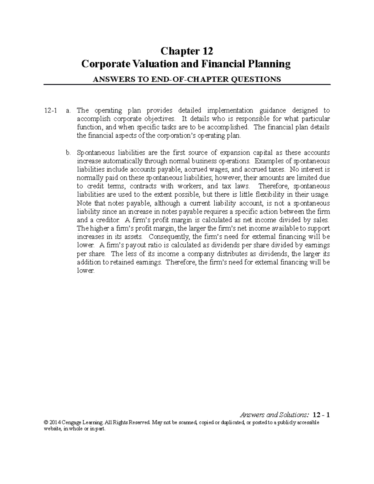FM14e SM Ch12 - Solution Manual of chapter#12 - Chapter 12 Corporate ...
