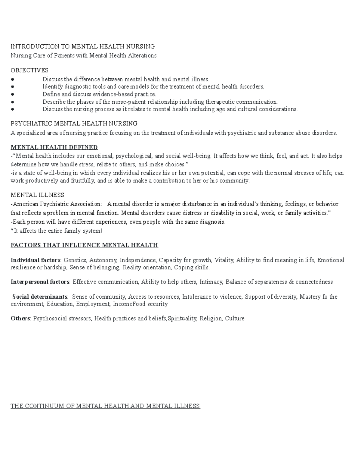 MH week 1 - mh notes - INTRODUCTION TO MENTAL HEALTH NURSING Nursing ...