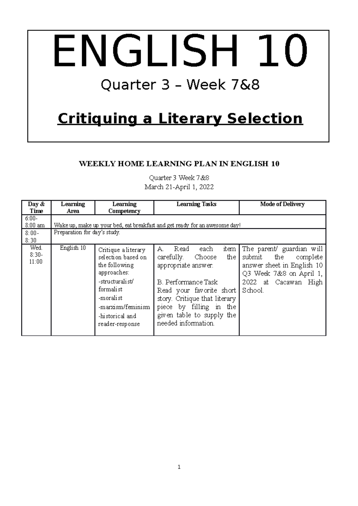 English 10 q3 w7-8 localized - WEEKLY HOME LEARNING PLAN IN ENGLISH 10 ...