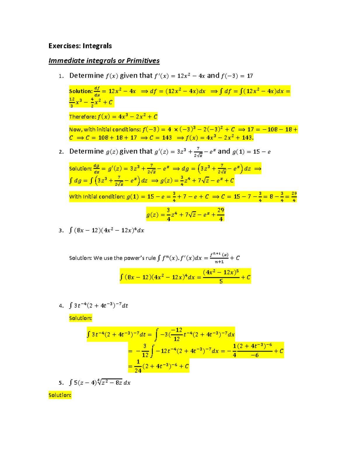 Exercises integrals MKT 2021 immediate - Exercises: Integrals Immediate integrals or Primitives ...