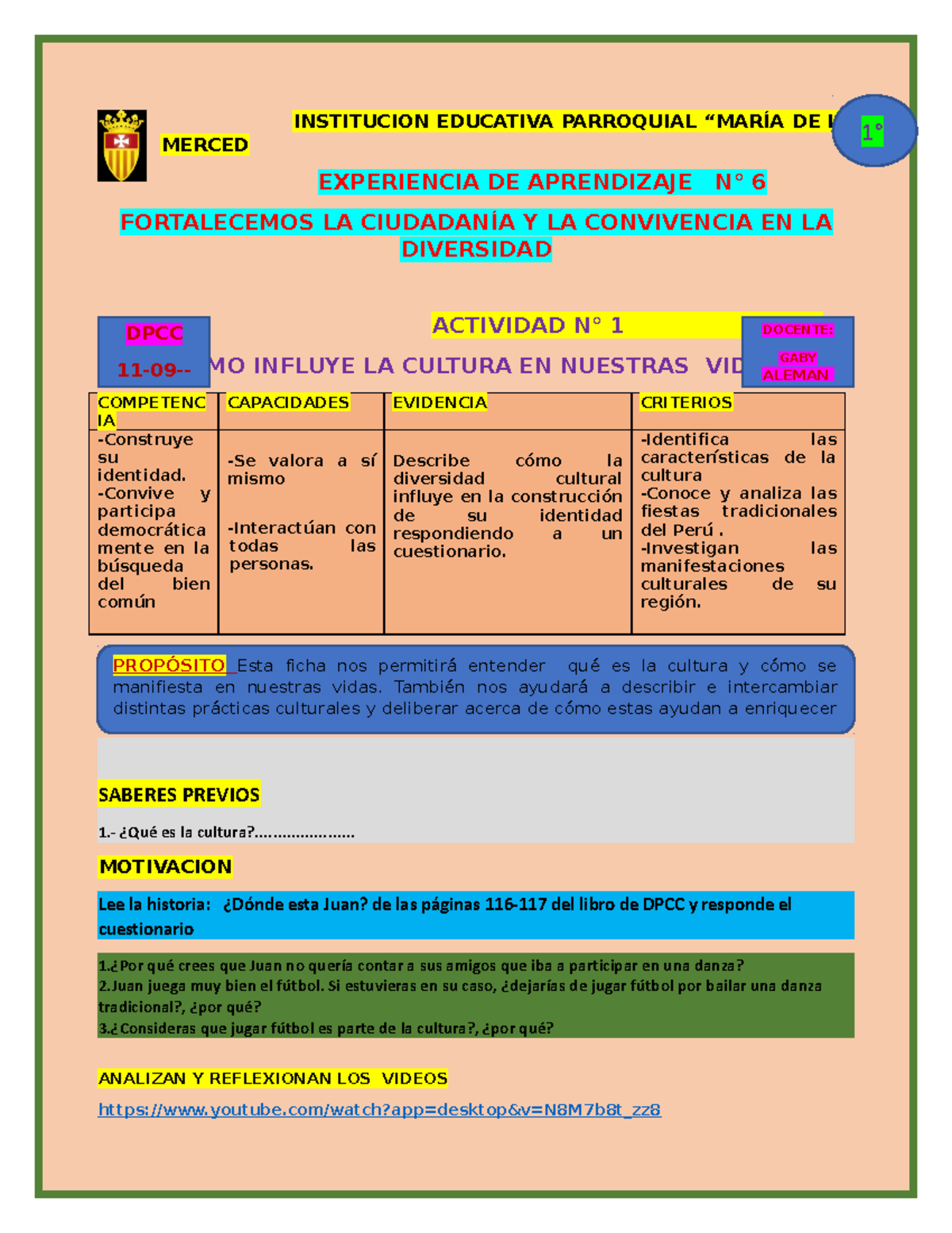 Actividad N° 1 EDA N° 6 DPCC 1° DE Secundaria 11-09-2023 - INSTITUCION EDUCATIVA PARROQUIAL ...